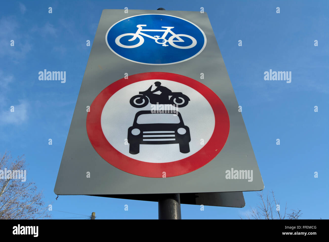 british road sign indicating access for cyclists but not for cars or ...