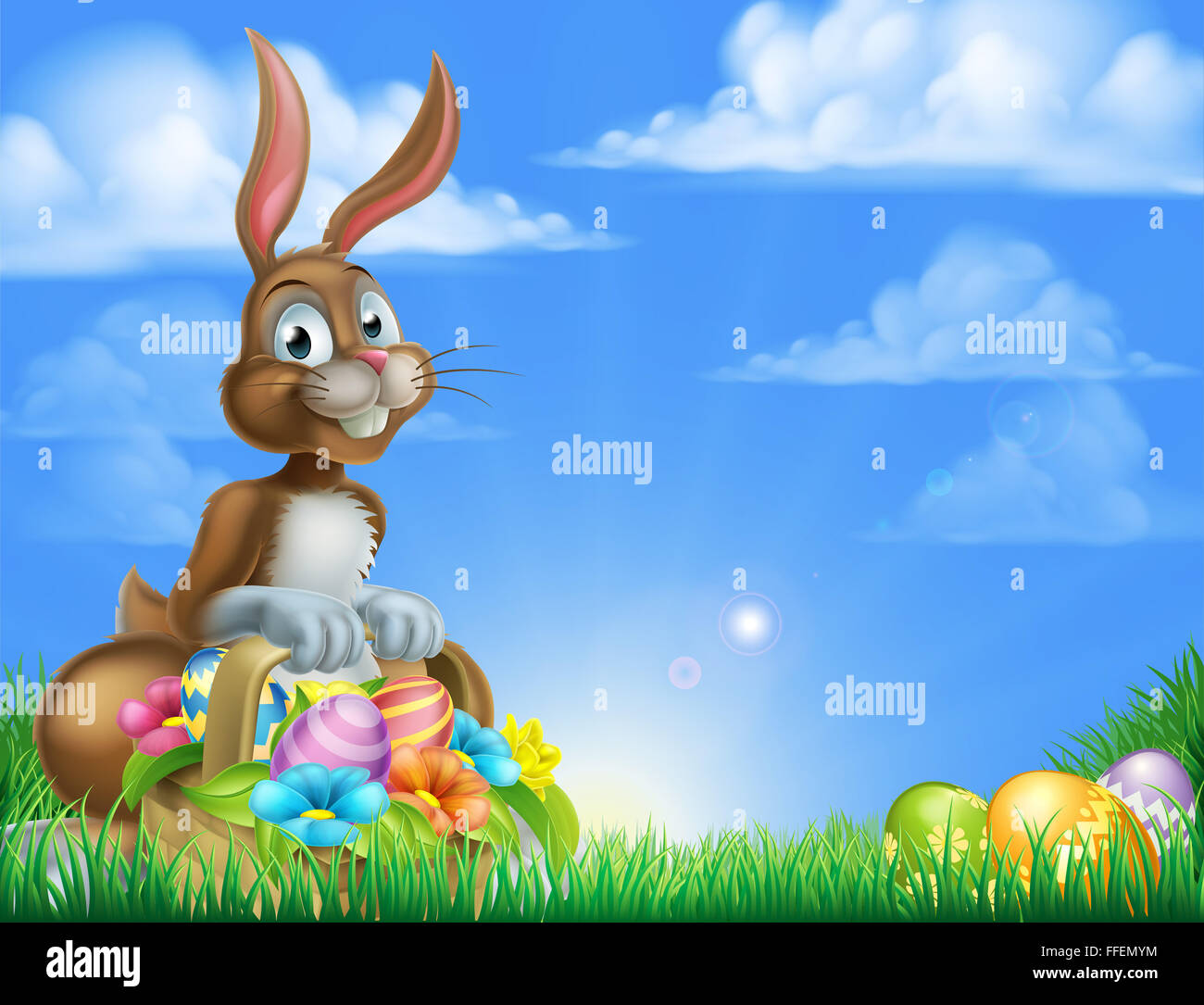 Cartoon easter scene. Easter bunny with a basket full of decorated ...