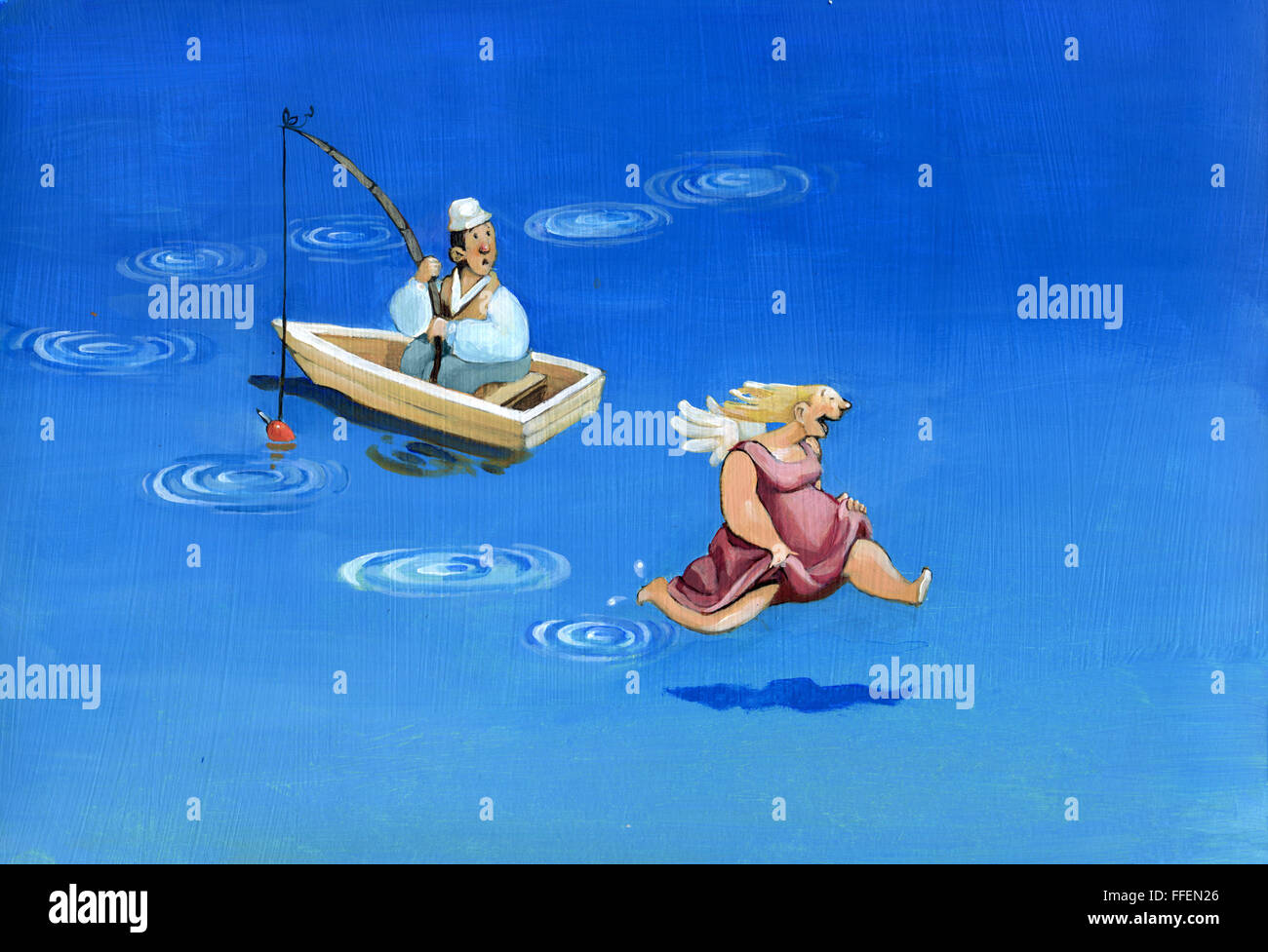 The fisherman in the boat watching his guardian angel that jumps around ...
