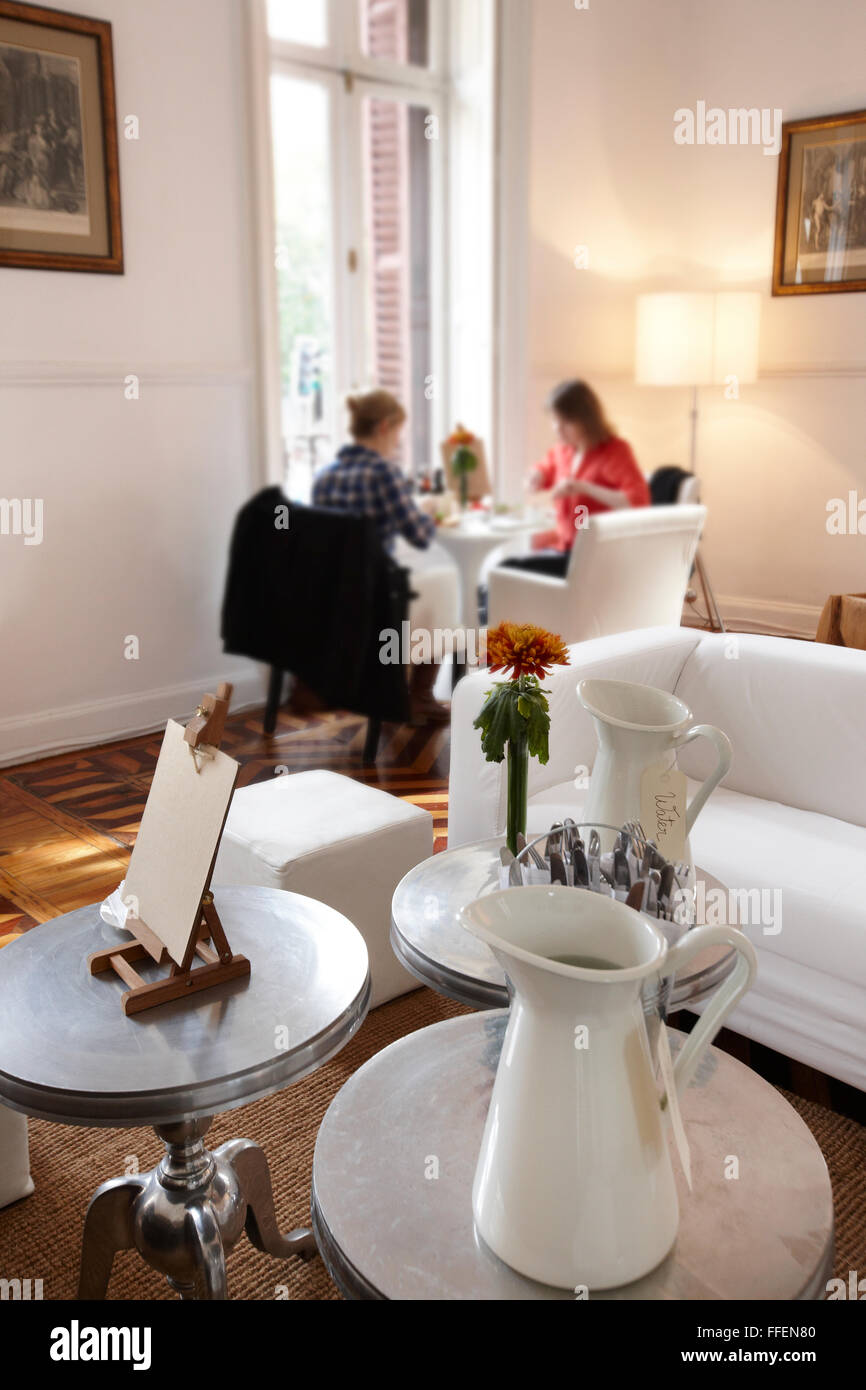Cafeteria interior with people having breakfast. Vertical Stock Photo ...