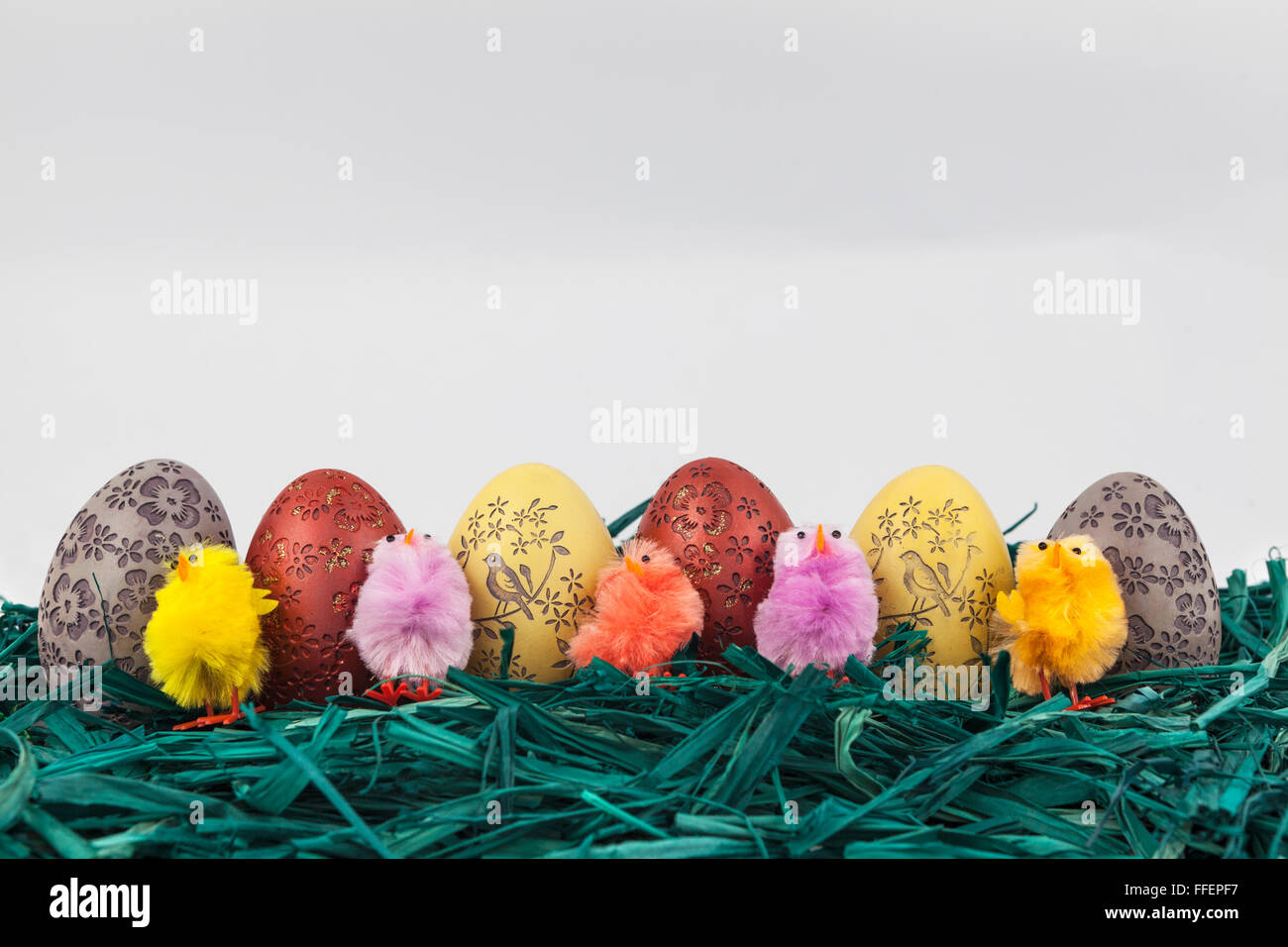 Colorful easter chickens with eggs Stock Photo - Alamy