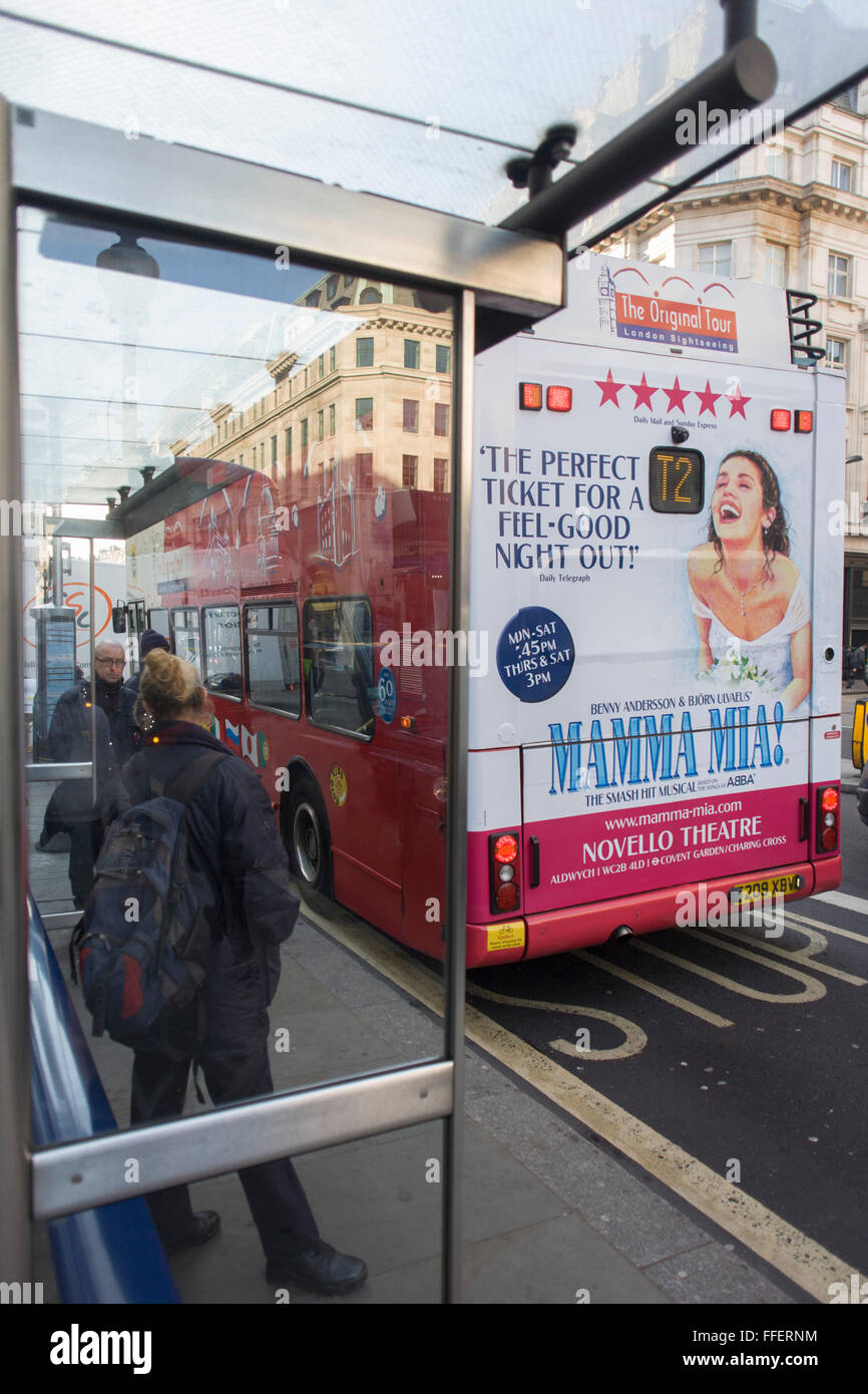 Bus rear advertising for Abba's West End musical Mamma Mia as it stops ...
