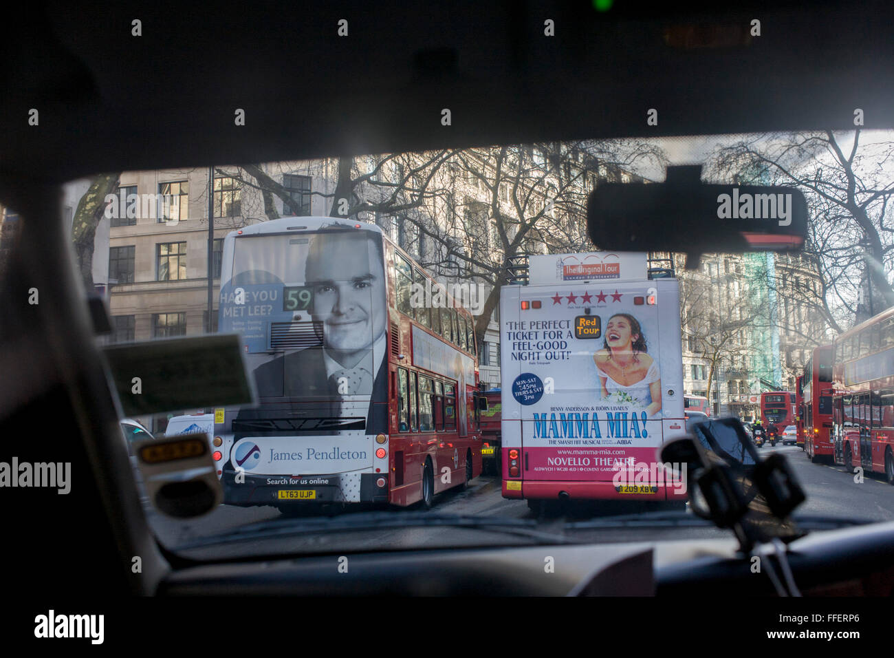 Bus rear advertising for Abba's West End musical Mamma Mia as it drives ...