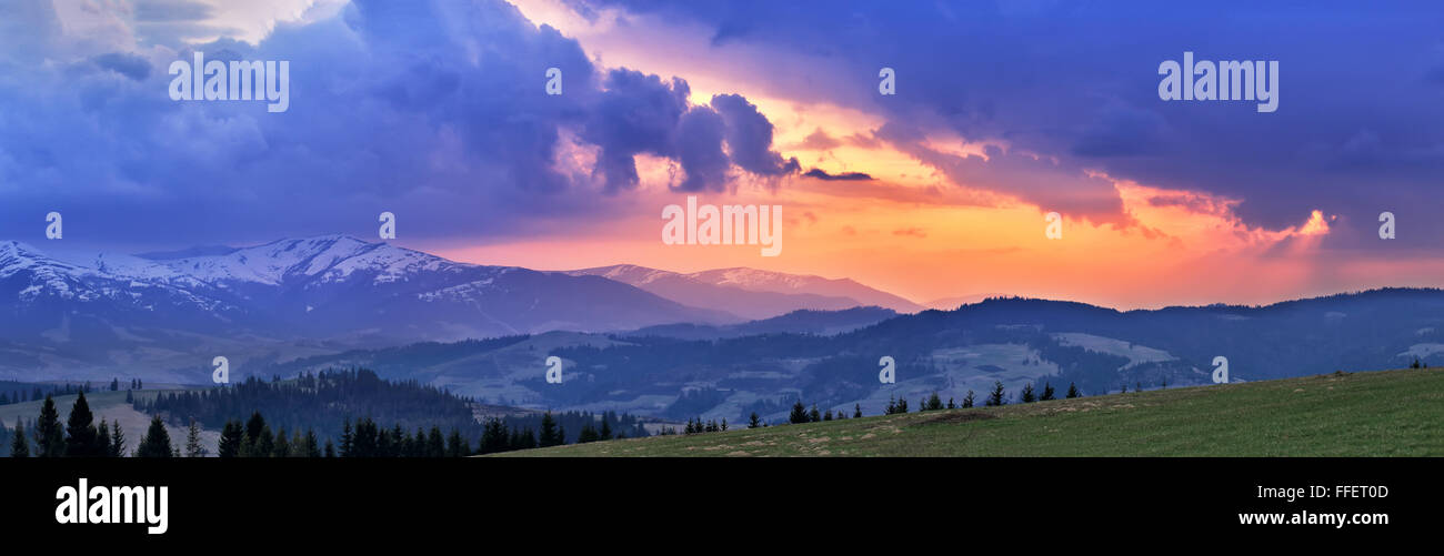 Sunny spring evening. April mountain sunset in Carpathians Stock Photo ...