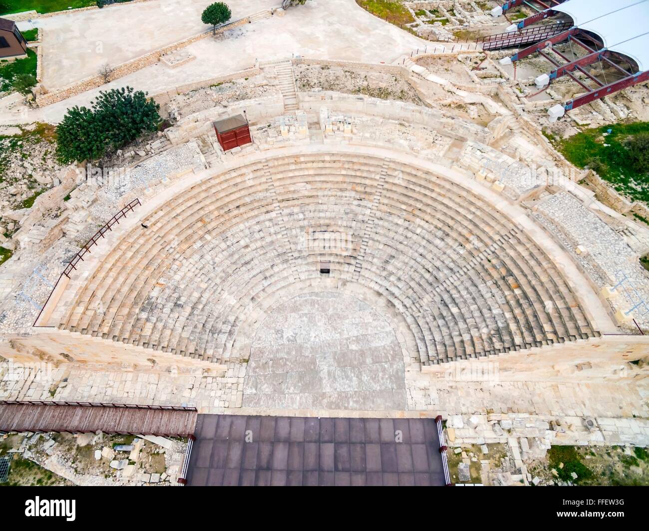 Aerial view of the arcaeological site of the ancient city of Kourio ...