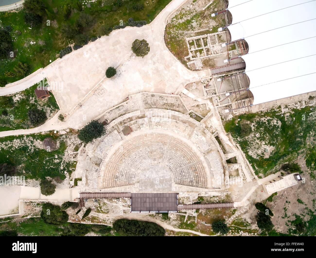 Aerial view of the arcaeological site of the ancient city of Kourio ...