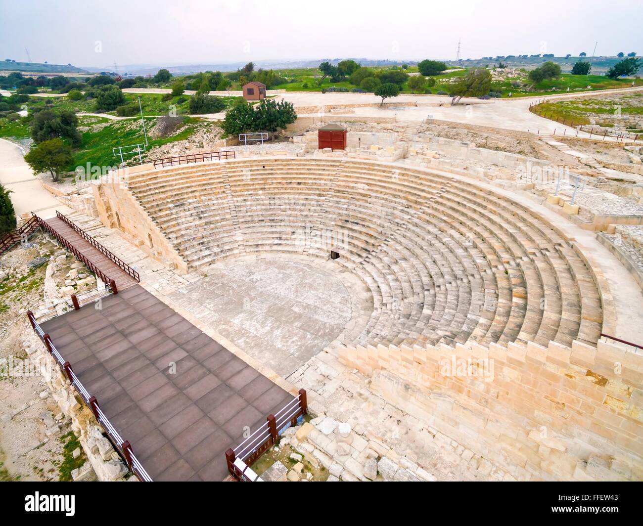 Aerial view of the arcaeological site of the ancient city of Kourio ...