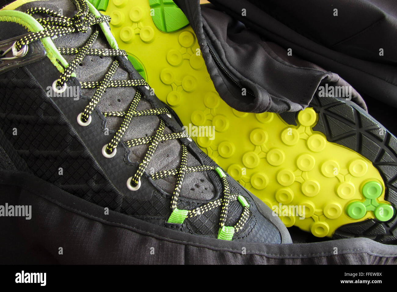 Focus on mountain climbing shoes Stock Photo - Alamy