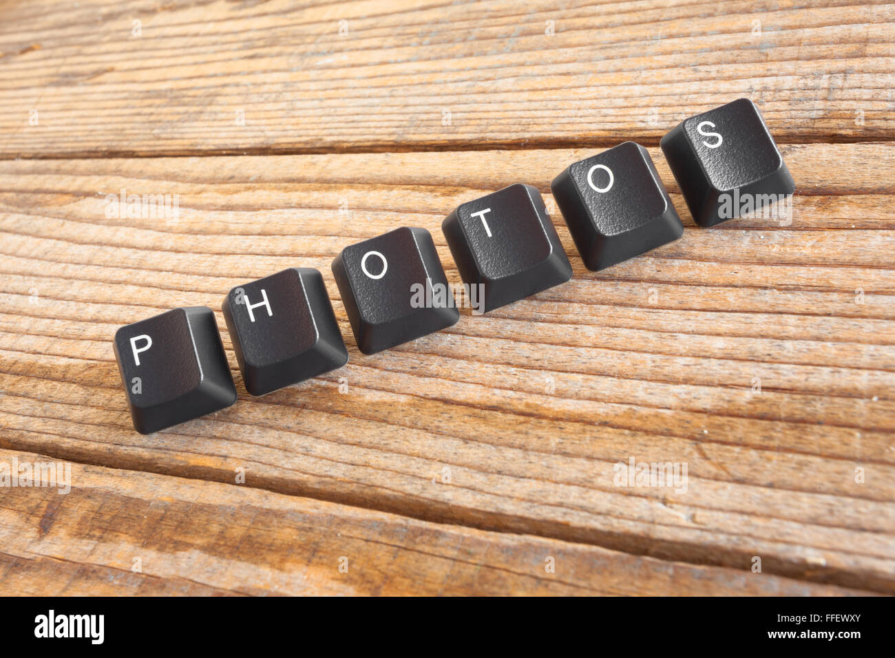 "PHOTOS" wrote with keyboard keys on wooden background Stock Photo - Alamy