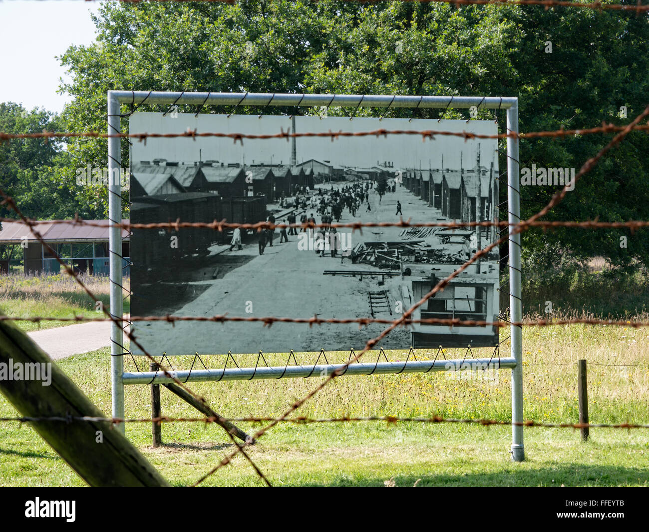 WESTERBORK, NETHERLANDS - 13 AUG. 2015: Display of a historic picture ...