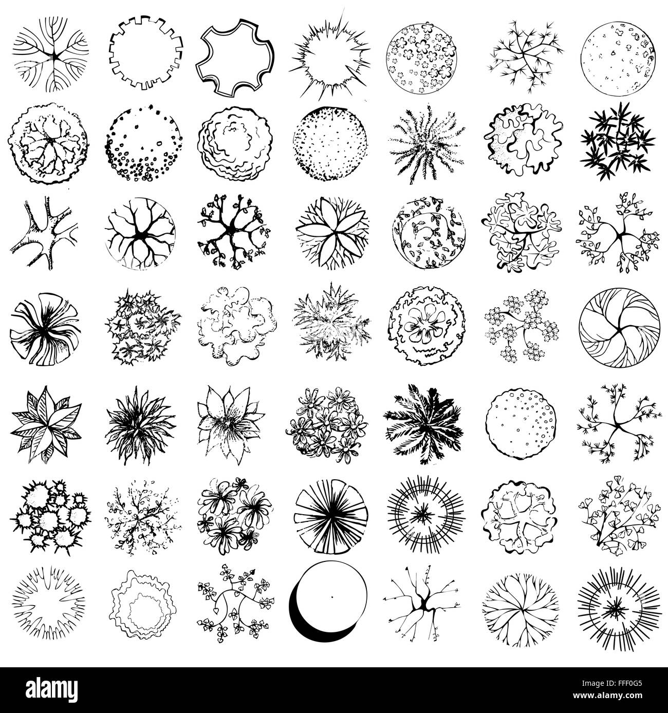 A set of treetop symbols, for architectural or landscape design, black ...