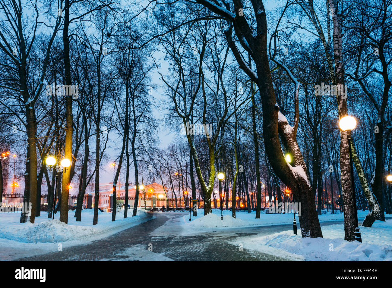 Snowy city park in the light of lanterns at evening in Gomel, Belarus ...