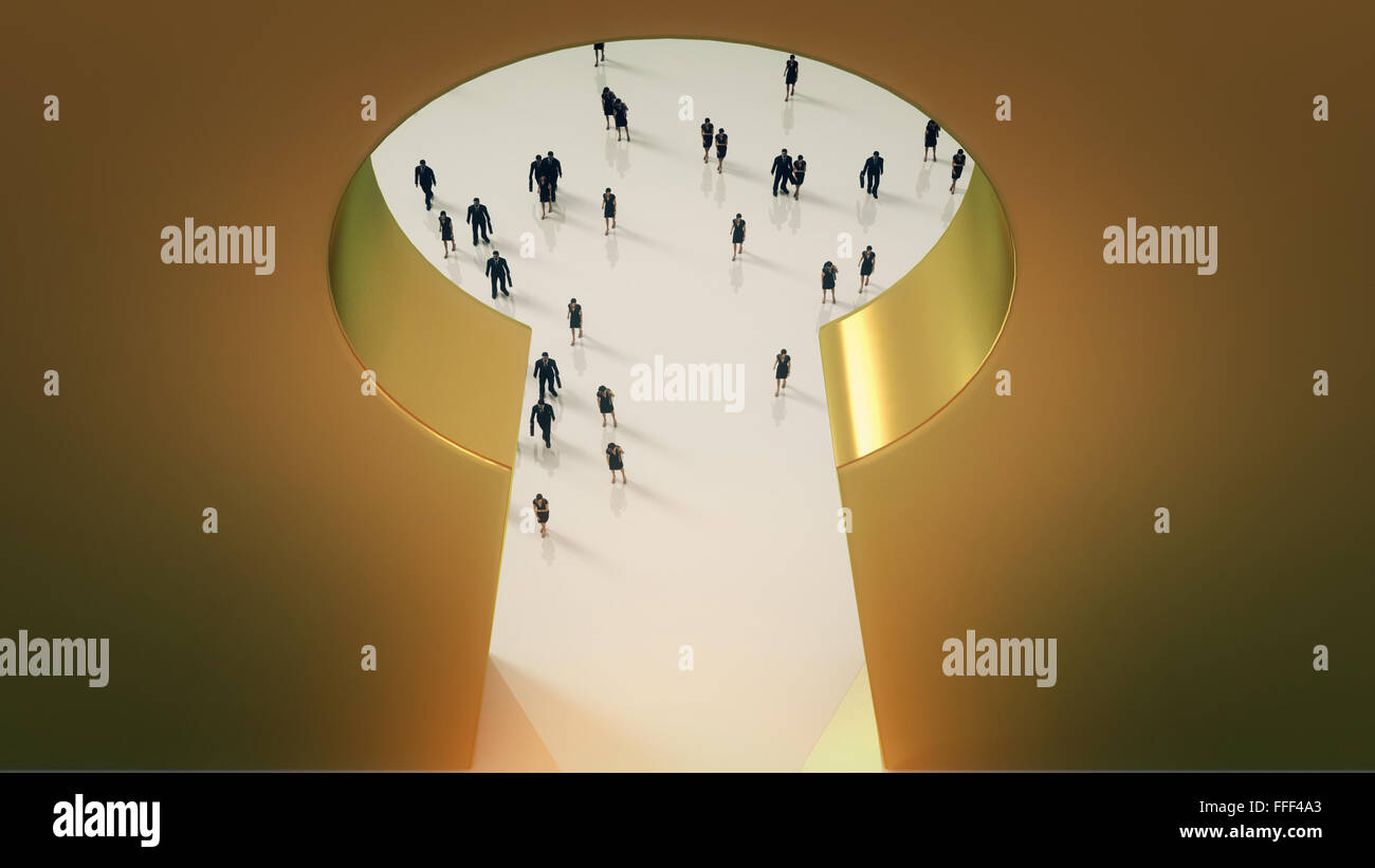 Group of tiny business men and women people walking into a gate shaped ...