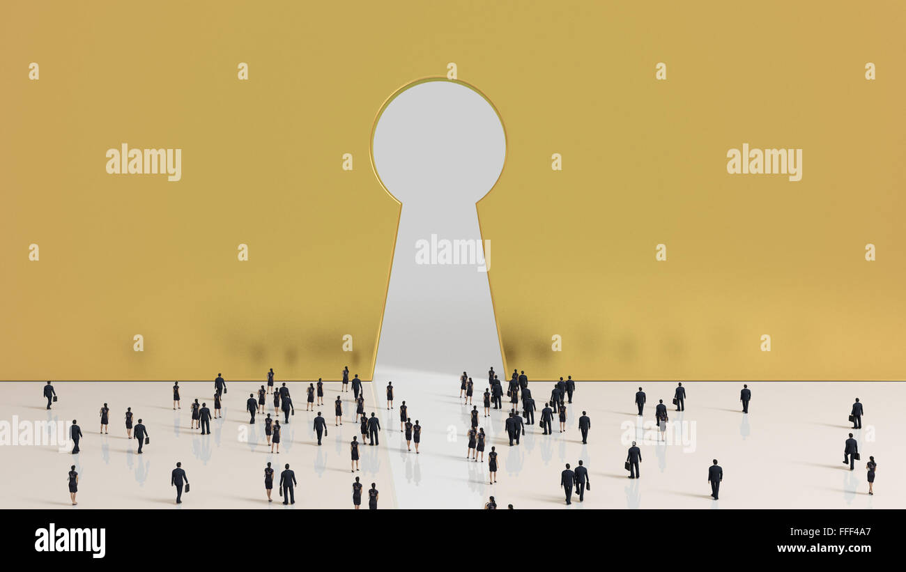 Group of tiny business men and women people walking into a gate shaped ...