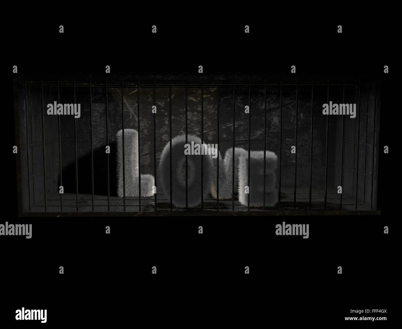 A fluffy word (love) with white hair behind bars with black background ...
