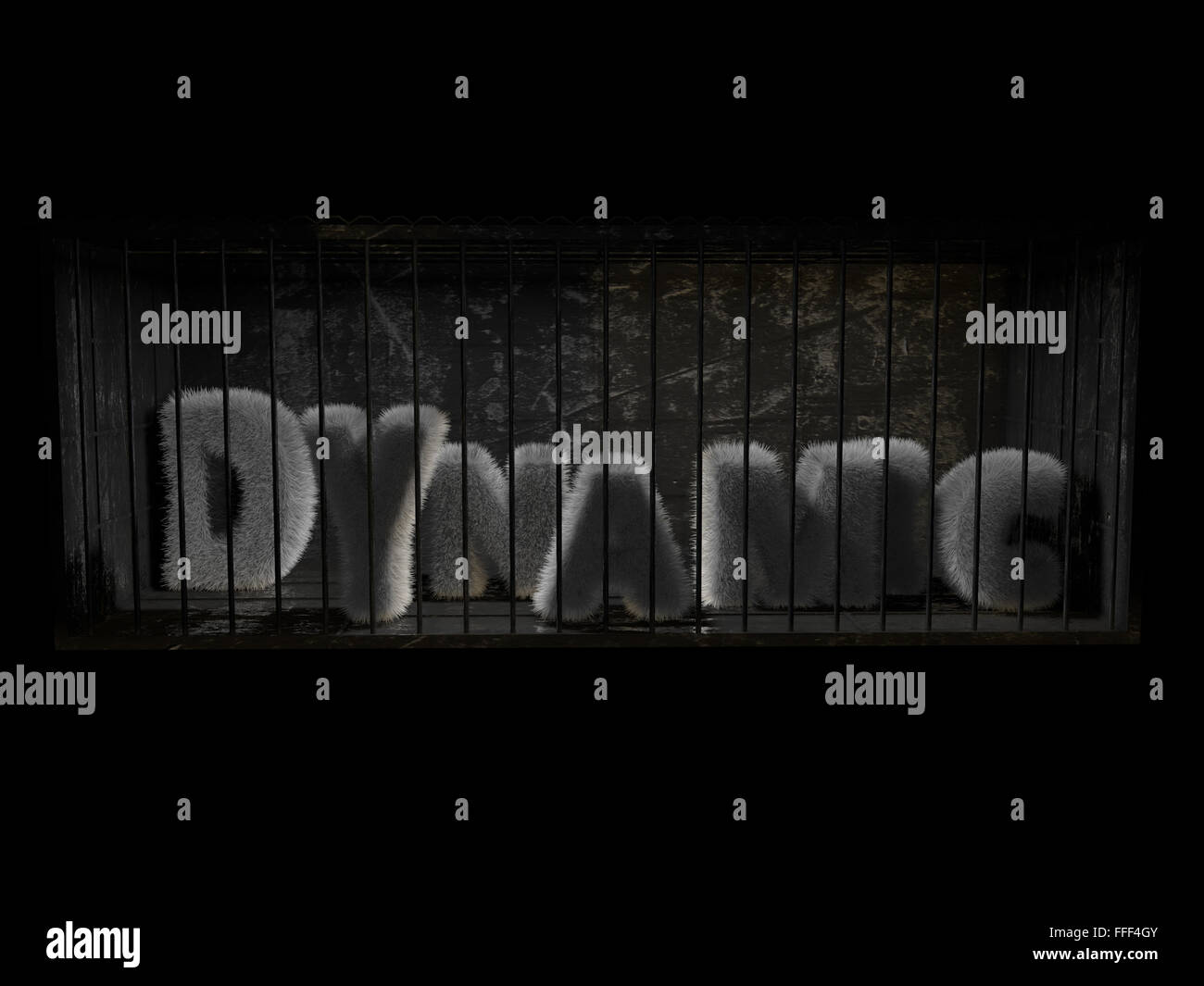 A fluffy word (dynamic) with white hair behind bars with black ...