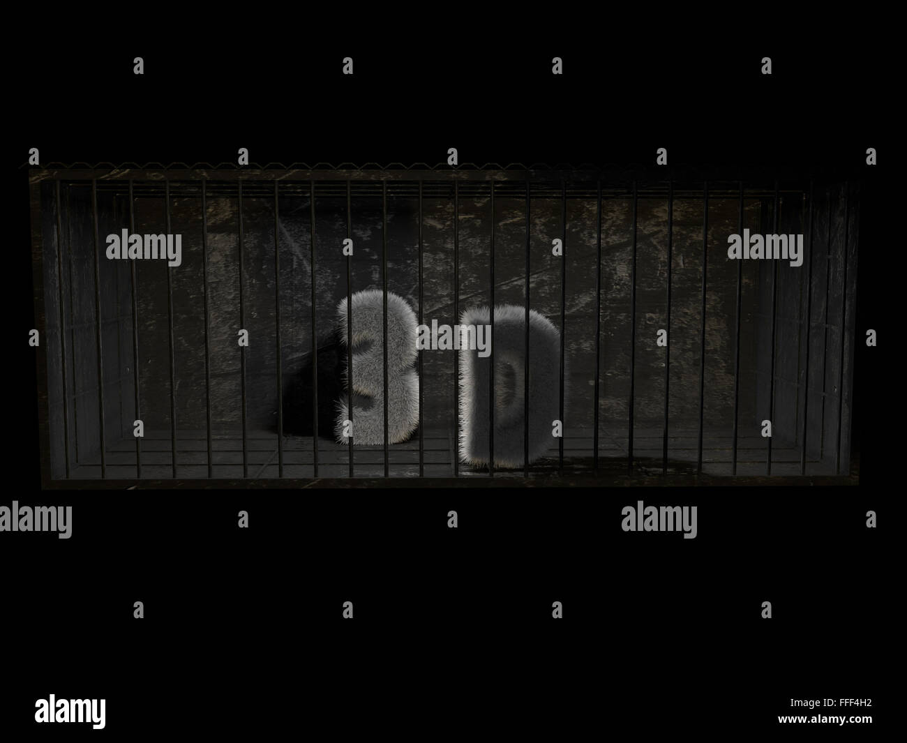 A fluffy word (3d) with white hair behind bars with black background ...