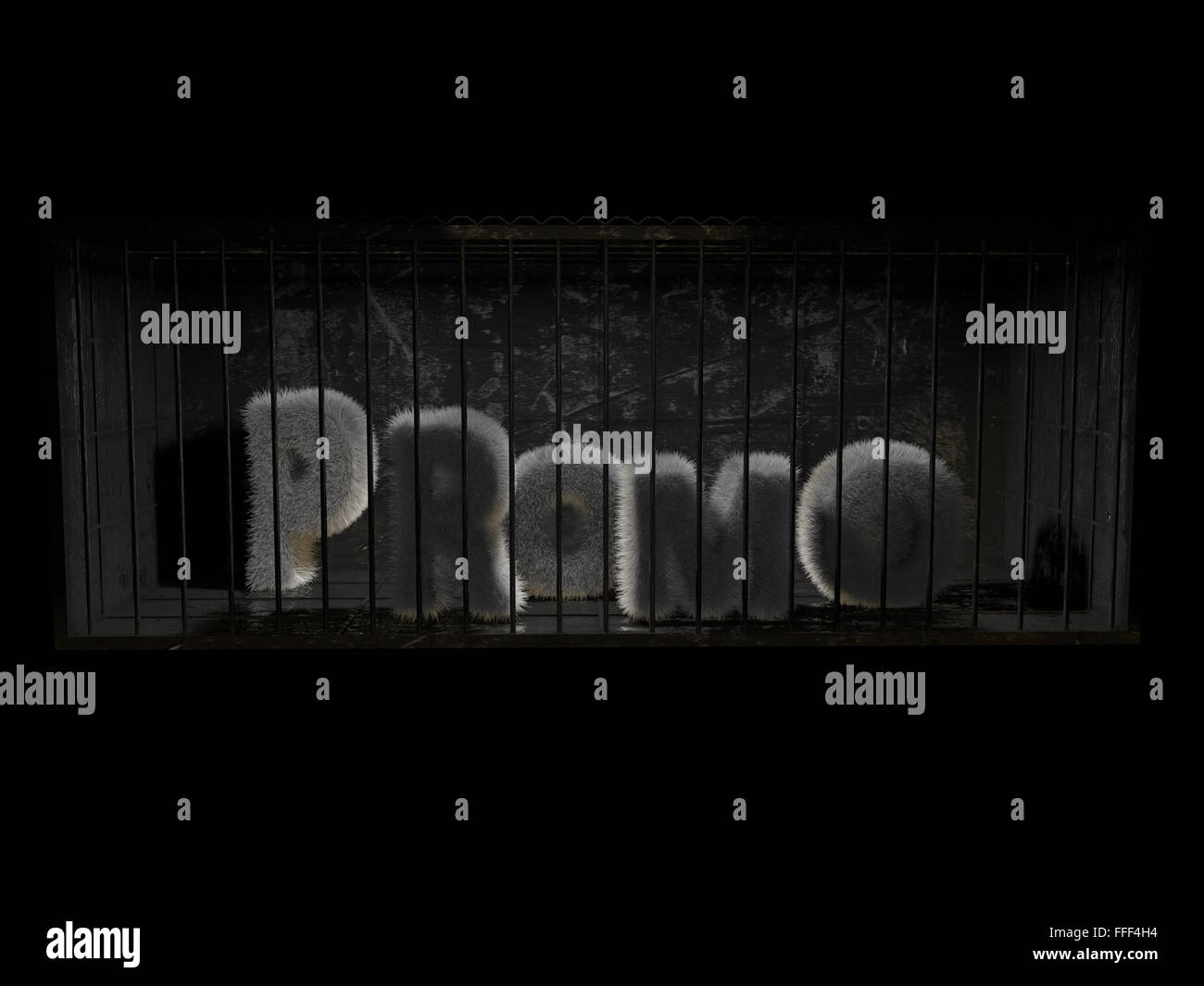 A fluffy word (promo) with white hair behind bars with black background ...