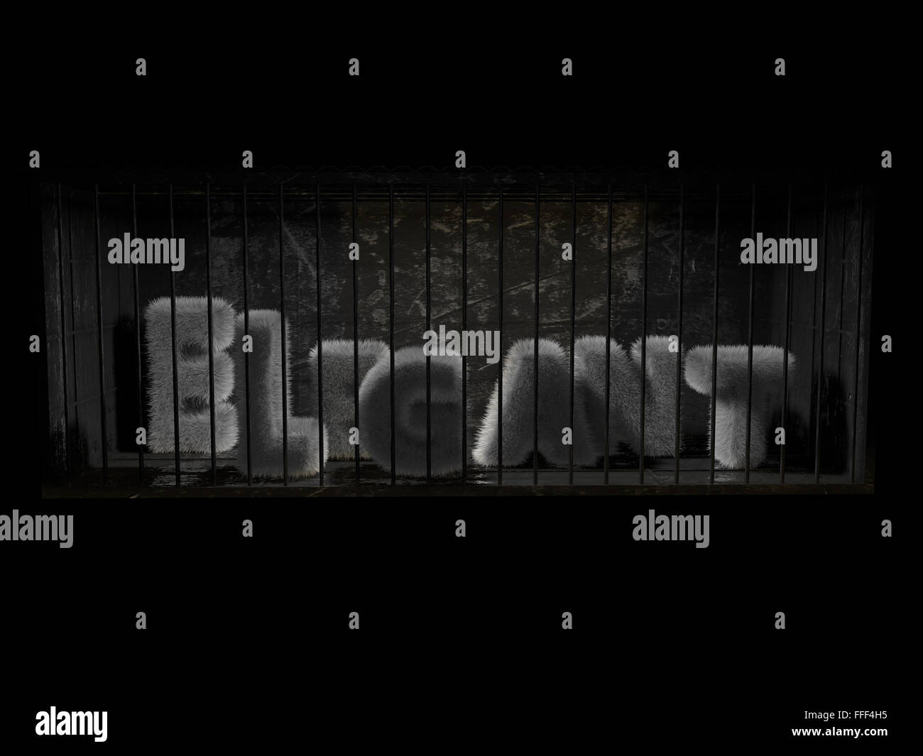 A fluffy word (elegant) with white hair behind bars with black ...