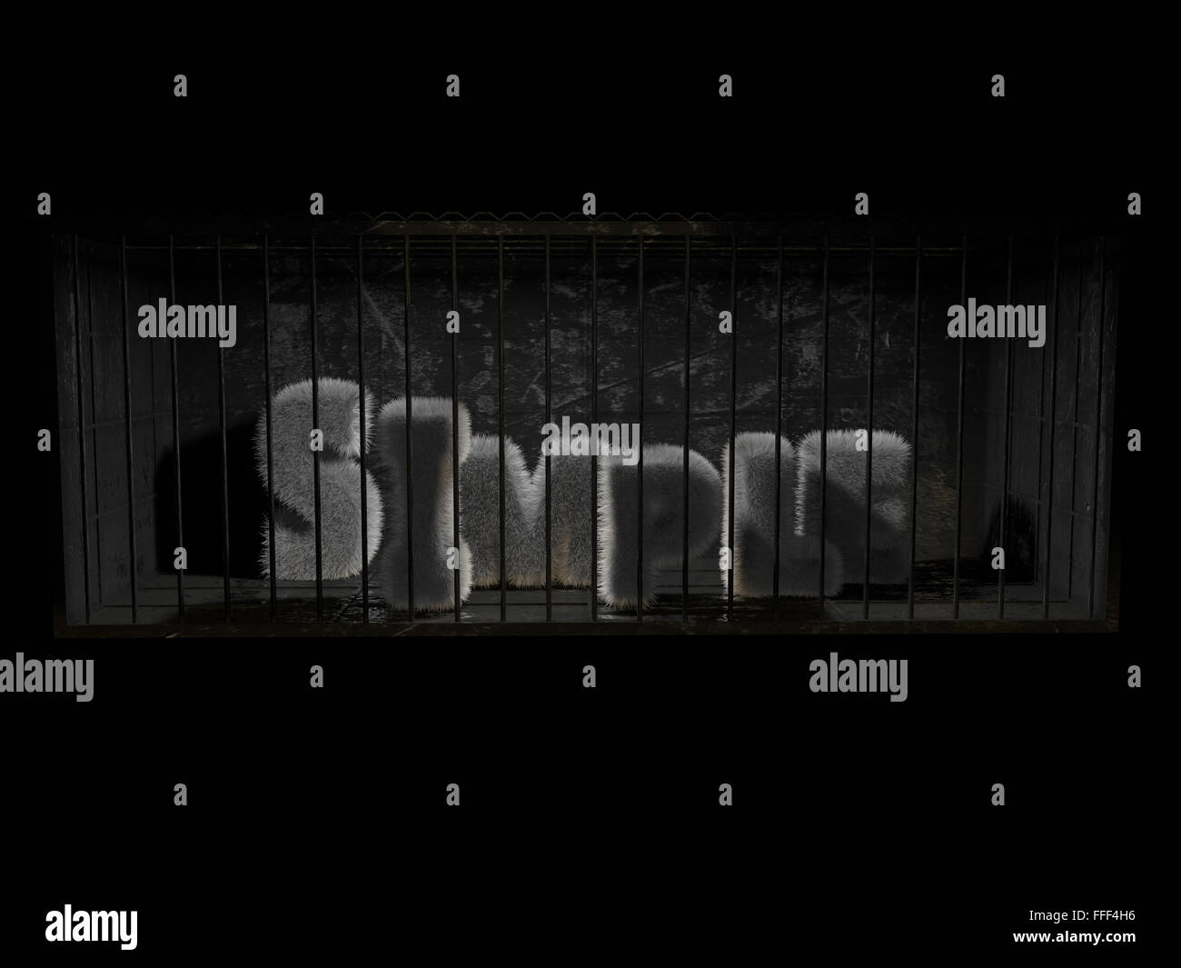 A fluffy word (simple) with white hair behind bars with black ...