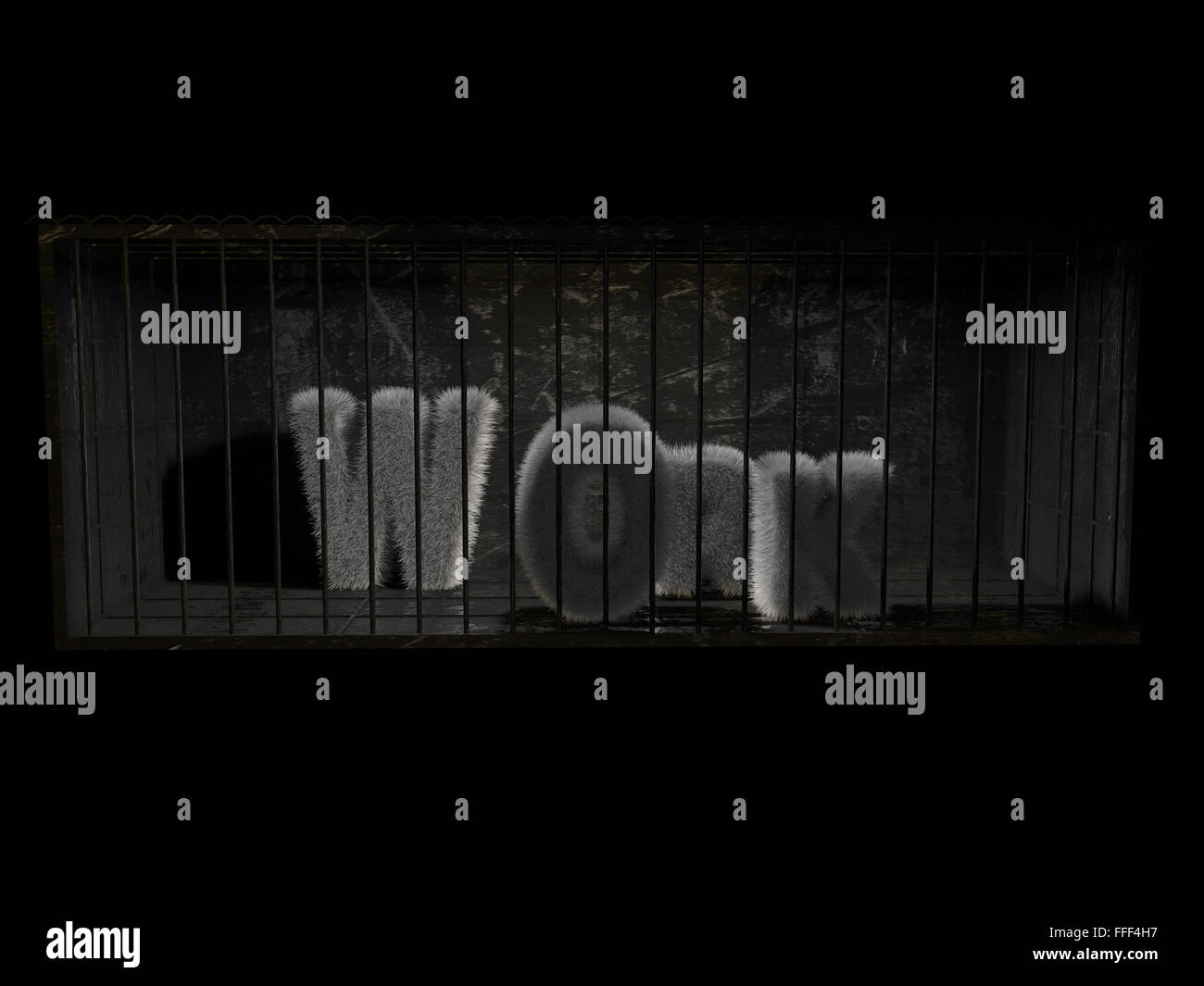 A fluffy word (work) with white hair behind bars with black background ...