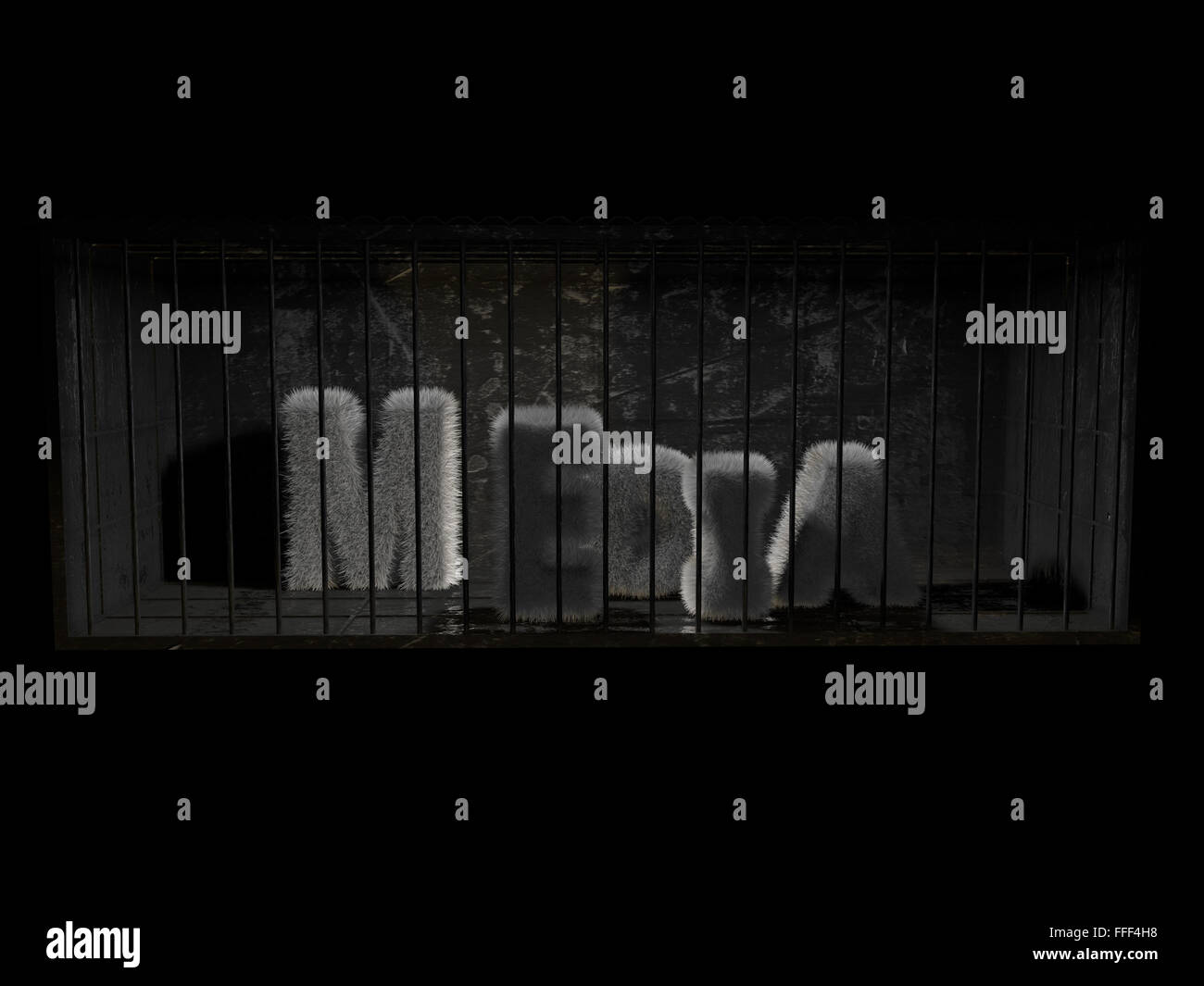 A fluffy word (media) with white hair behind bars with black background ...