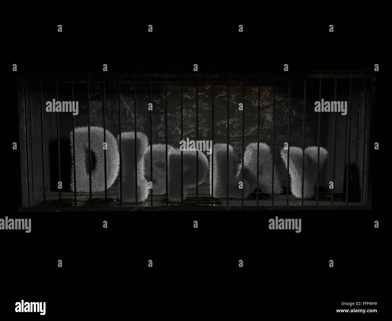 A fluffy word (display) with white hair behind bars with black ...