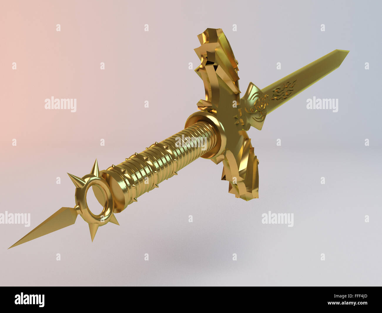 Fantasy detailed 3d Golden sword in a white stage Stock Photo - Alamy