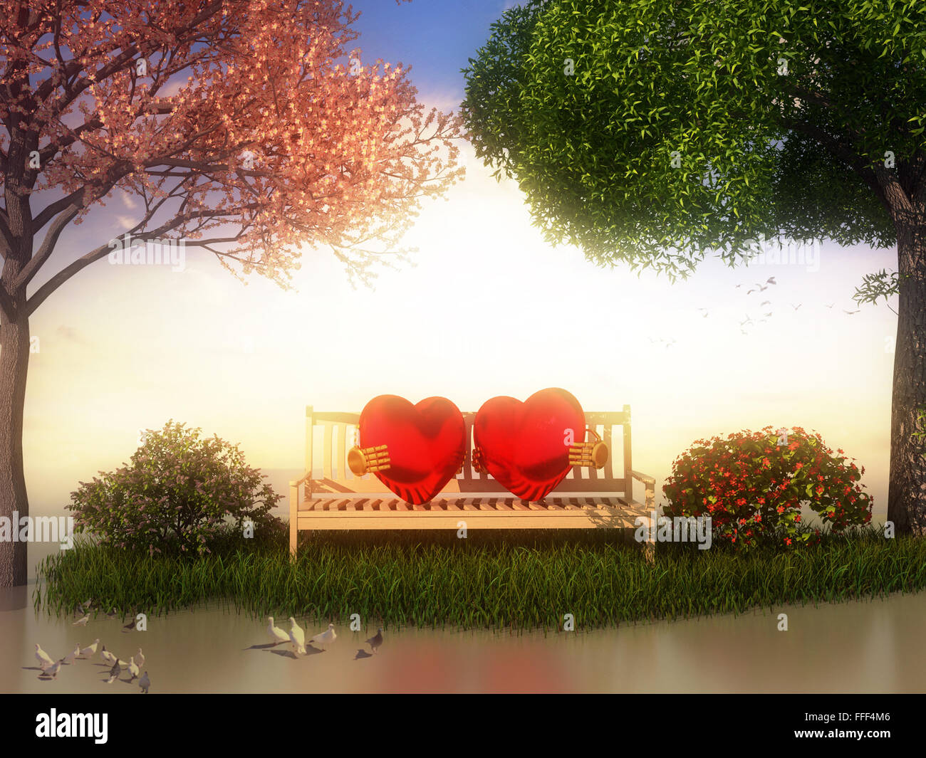 3D valentine view for love and romance with beautiful summer and spring ...