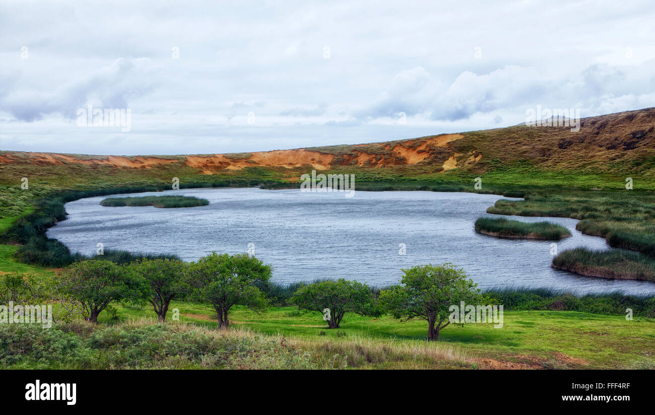 Lake inside volcano Rano Raraku, Eastern Island Stock Photo - Alamy