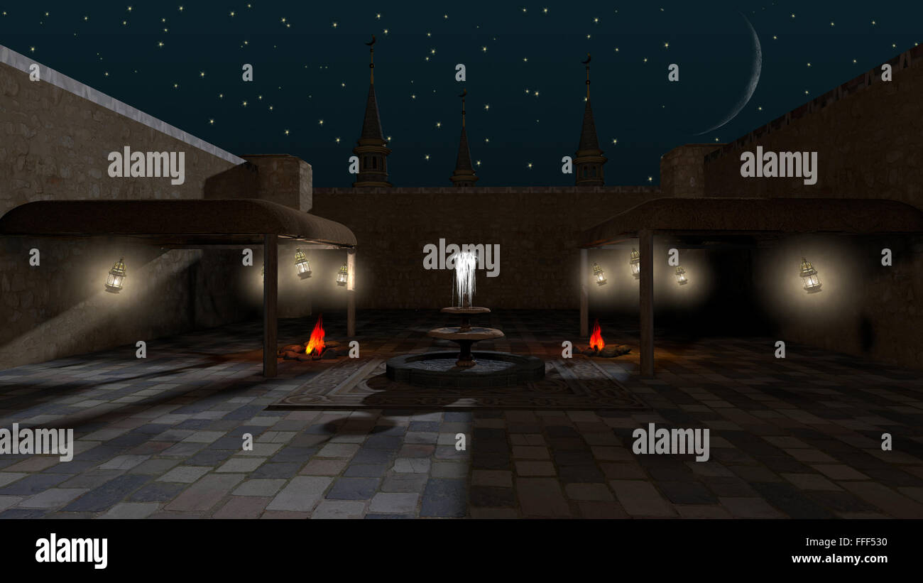 Old Arabic style with mosque, fire, lanterns and a fountain Stock Photo ...