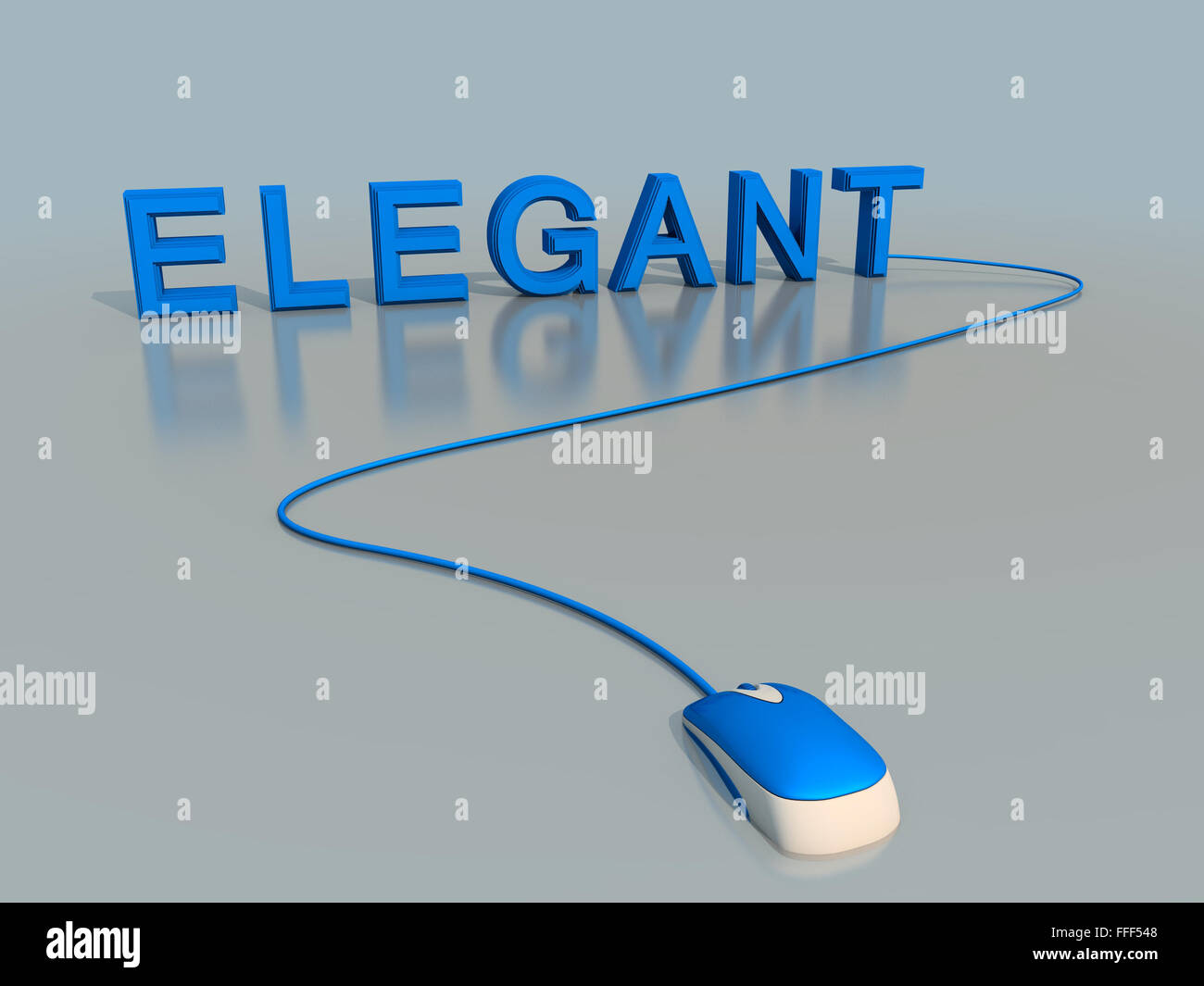 3D render of a mouse connected to a word inside a white stage scene ...