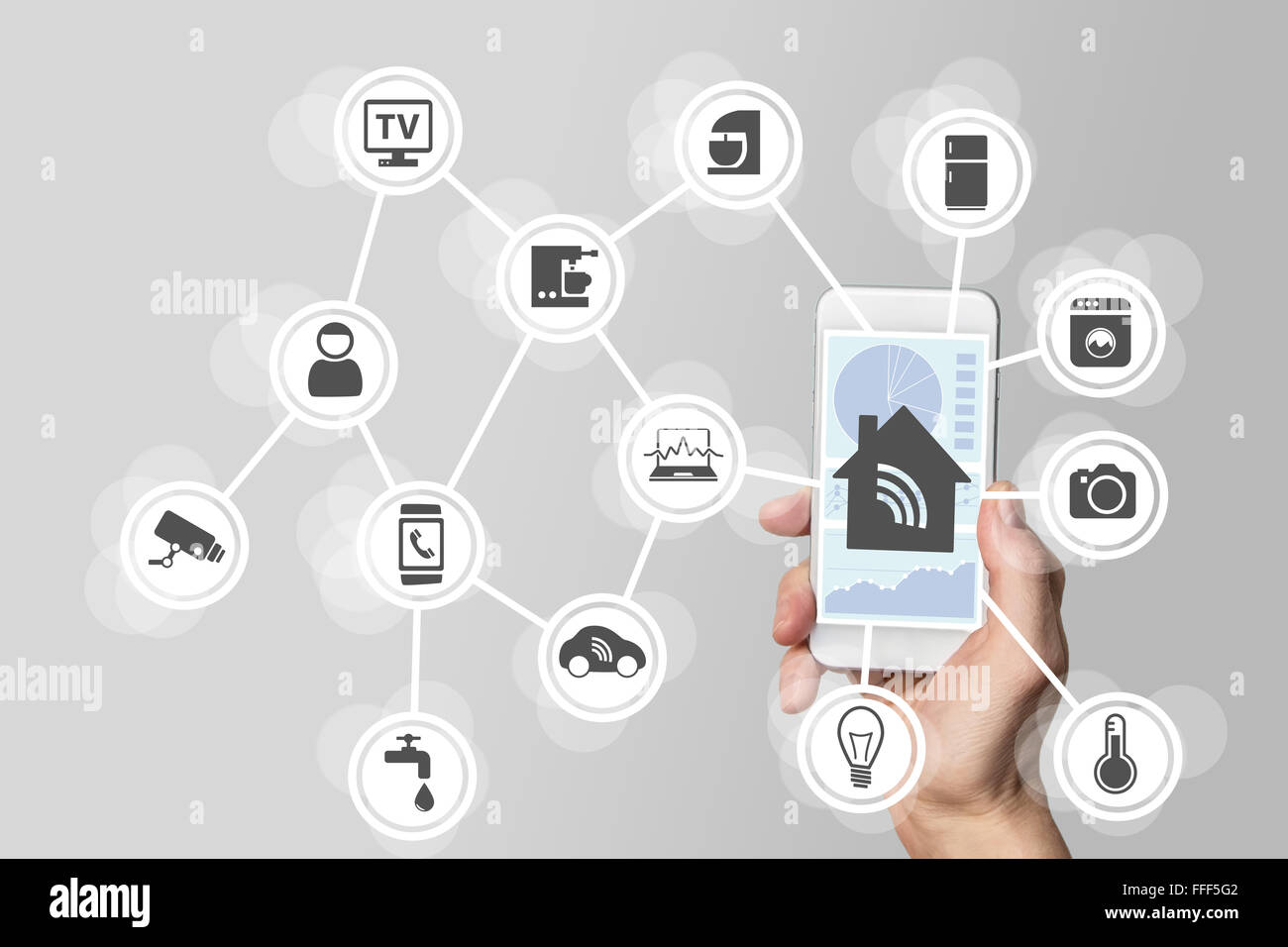 Smart home automation concept illustrated by modern smart phone to ...