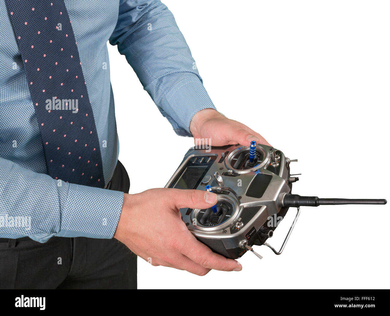 Flight remote controller in man's hands close up view on white ...