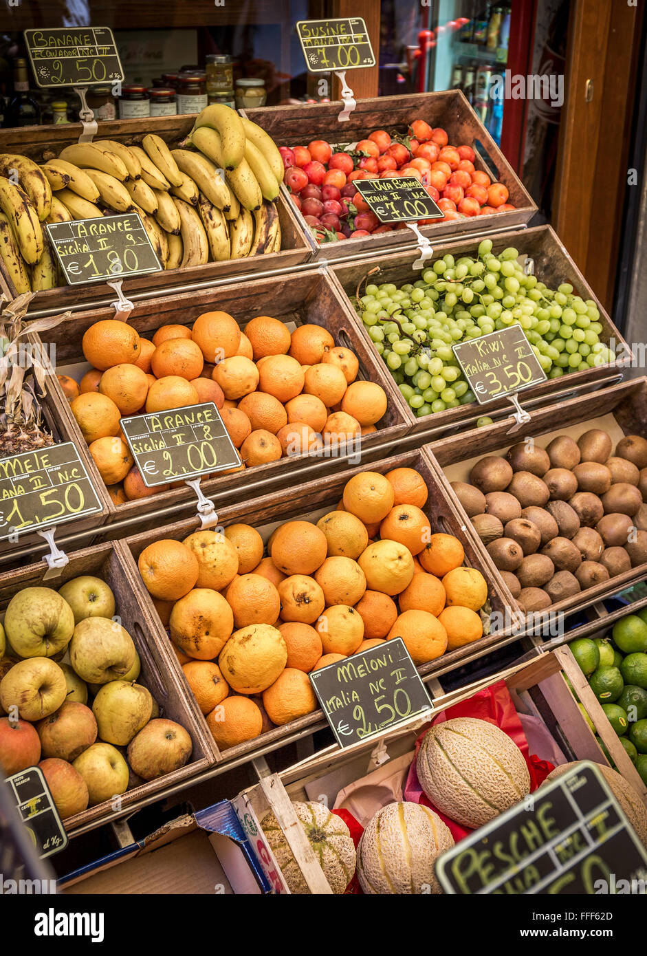 CORTONA, ITALY - JUNE 26, 2015: assortment of toscan ripe fruits in ...