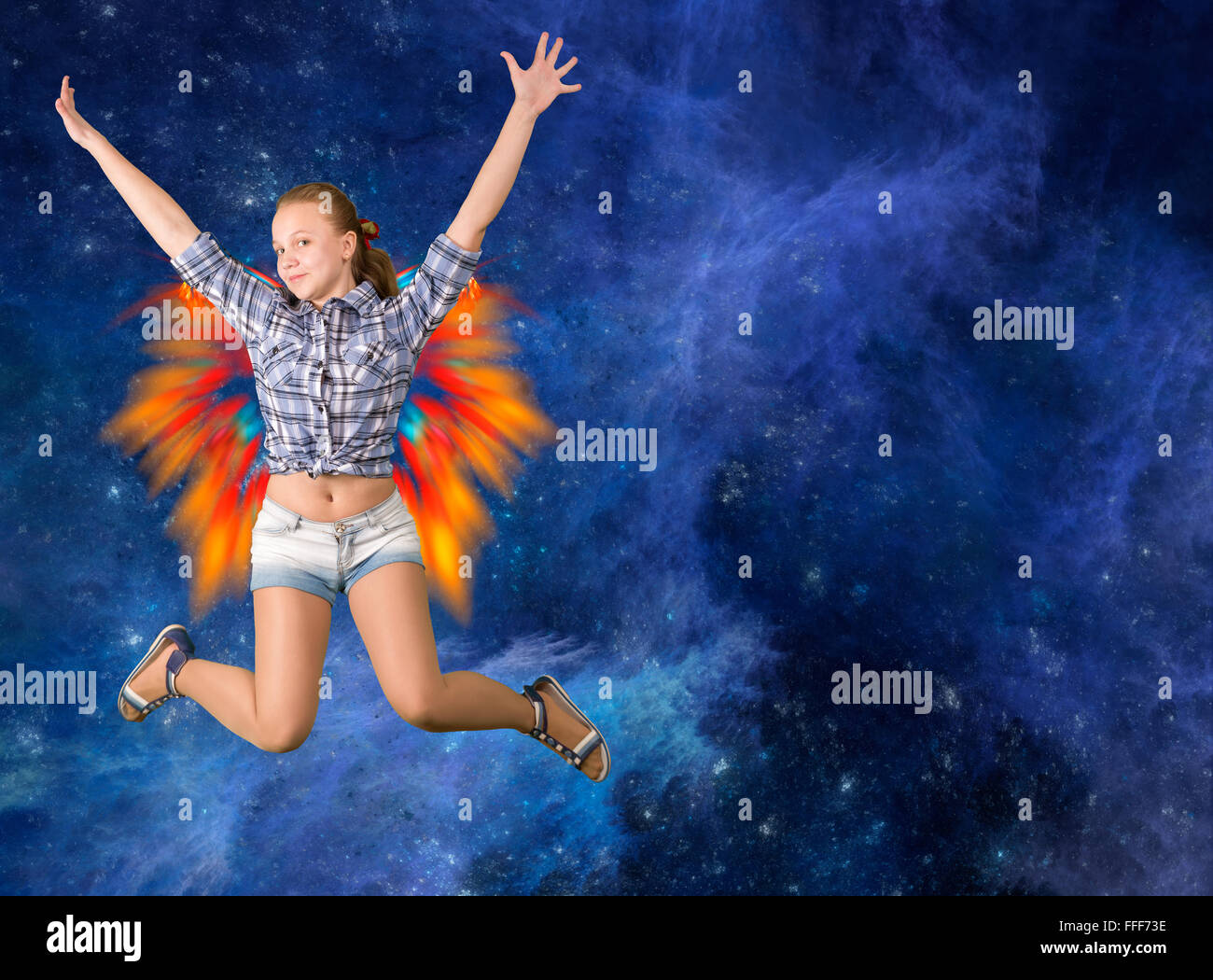 Cute teen girl jumping on blue galaxy sky background Stock Photo - Alamy