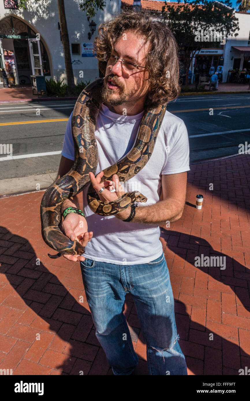 A snake owner drapes his Columbian boa constrictor around his neck as ...