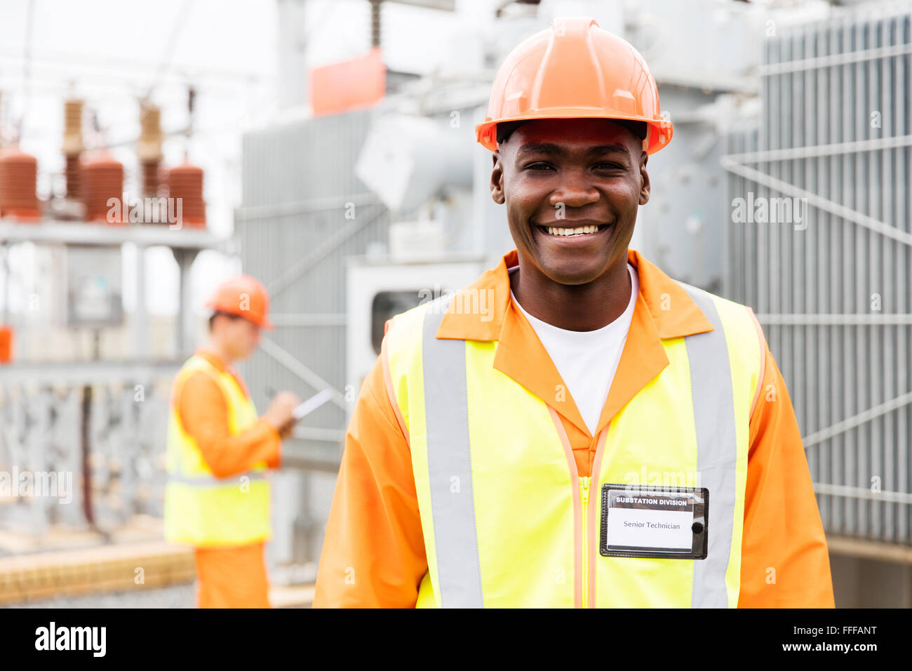 happy senior African American technical worker in substation Stock ...
