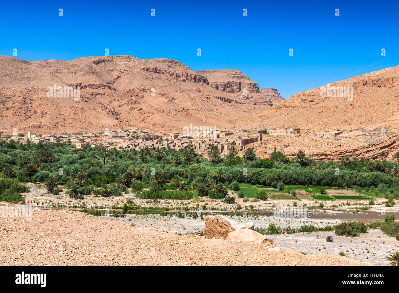 Wide view of cultivated fields and palms in Errachidia Morocco North ...