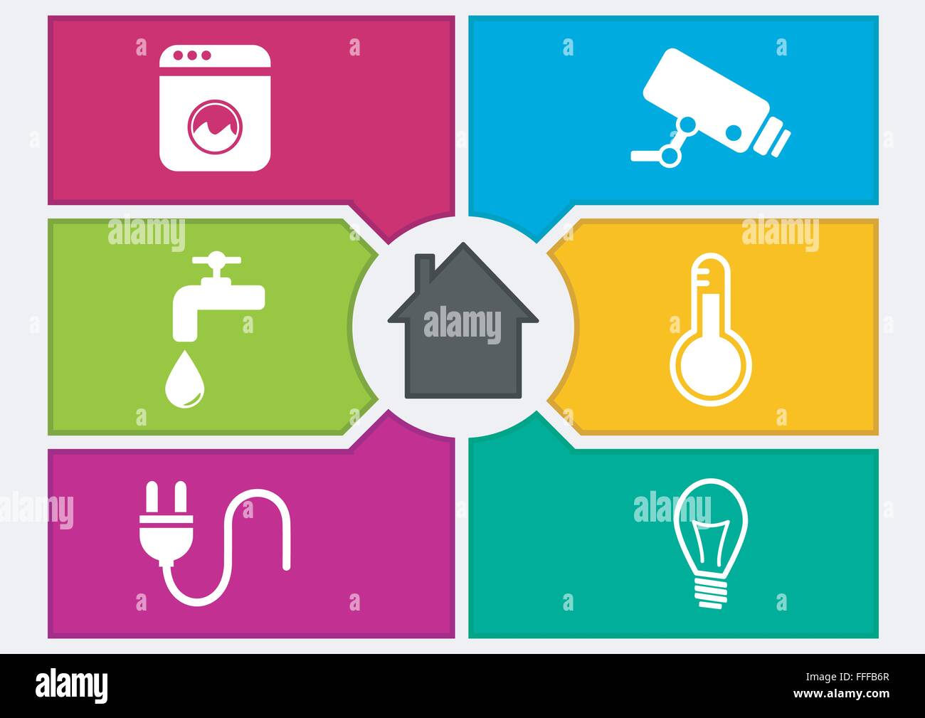 Vector illustration of colorful smart home automation screen. Buttons ...