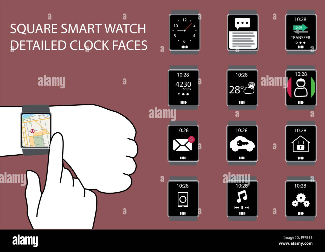 Flat design square smart watch vector illustration with hands Stock ...
