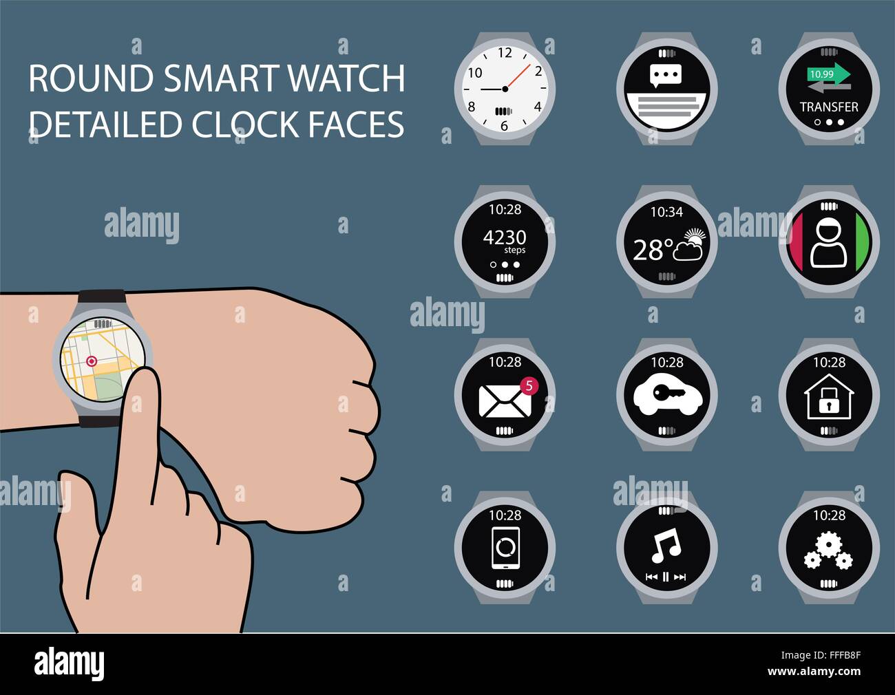 Illustration of finger swiping smart watch display with gesture Stock ...