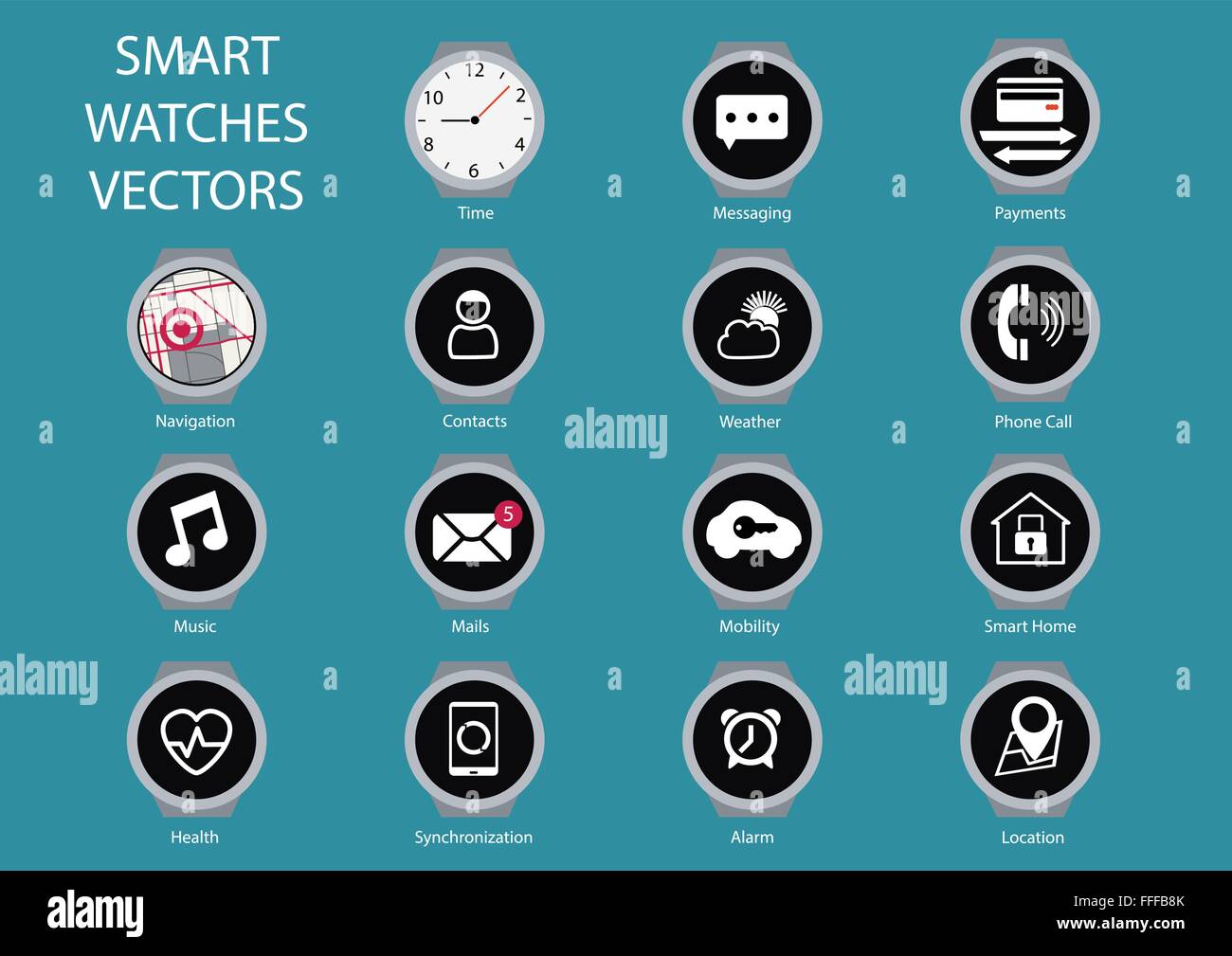 Flat design vector illustration of smart watch clock face icon. Various ...