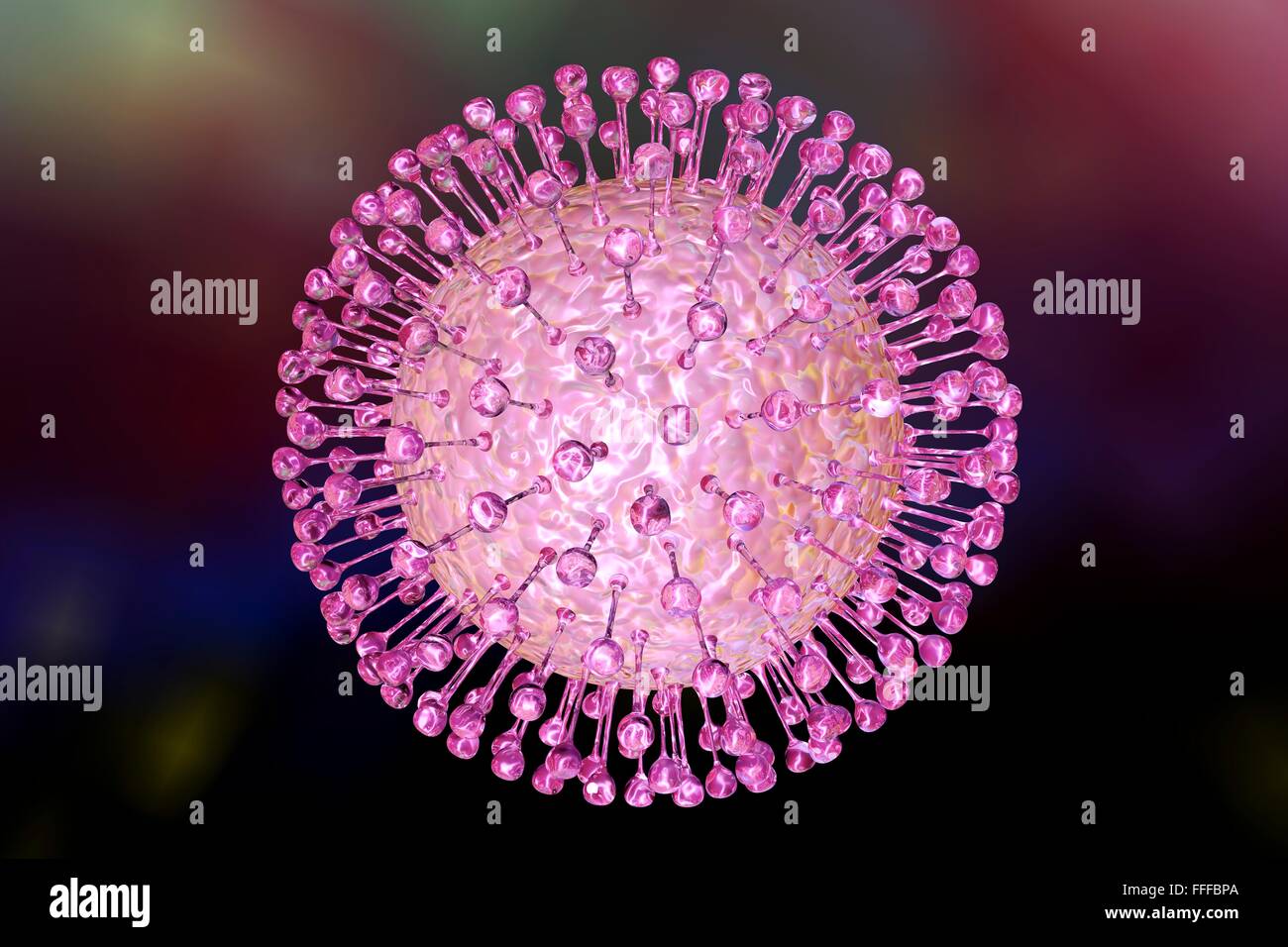 Zika virus. Computer illustration showing the protein spikes in the ...