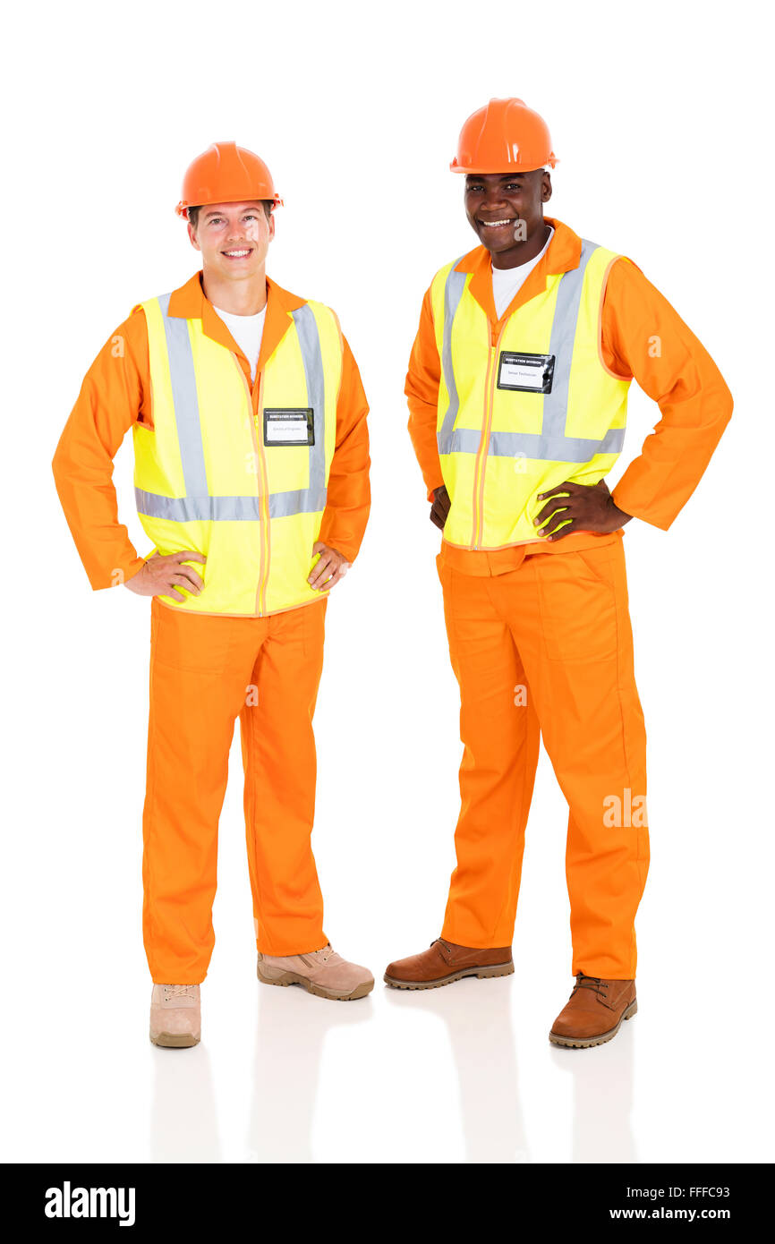 portrait of happy electrical engineers standing on white background ...