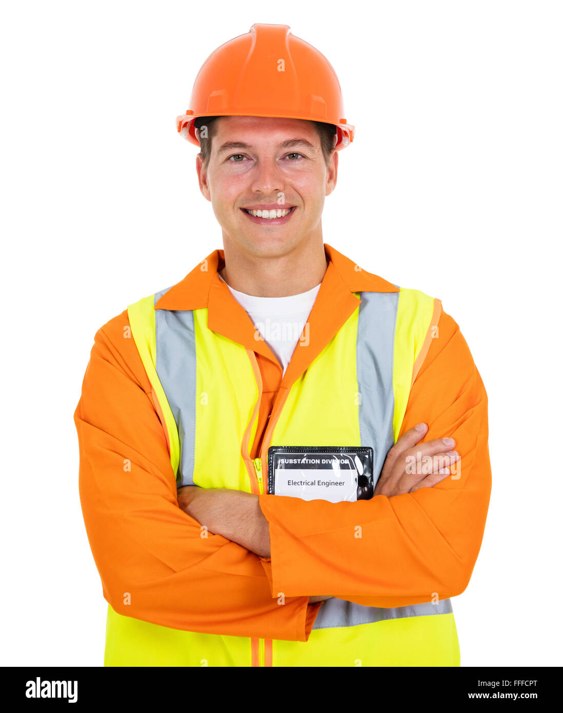 happy electrical worker with arms folded on white Stock Photo - Alamy