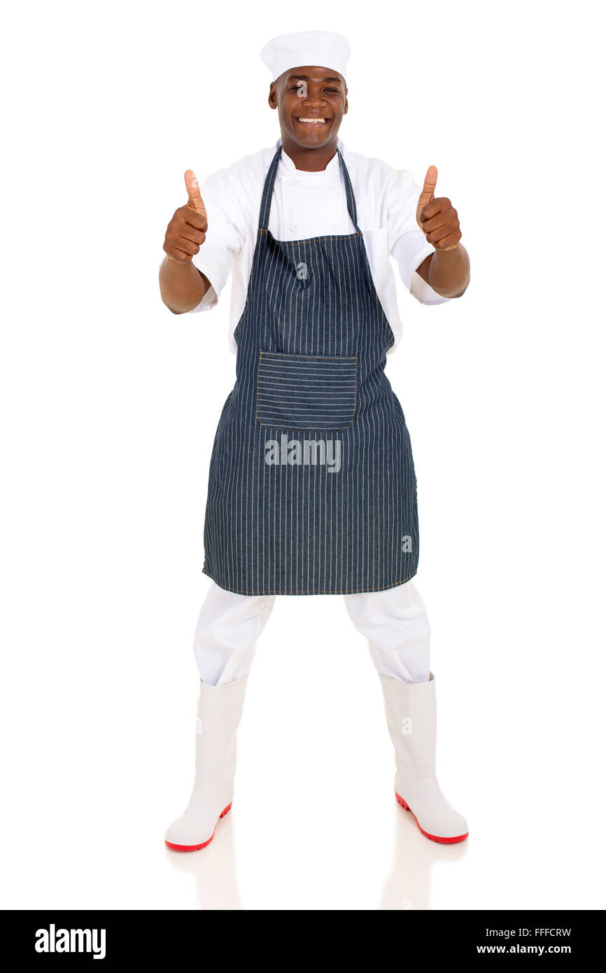 full length portrait of young African American butcher thumbs up Stock ...