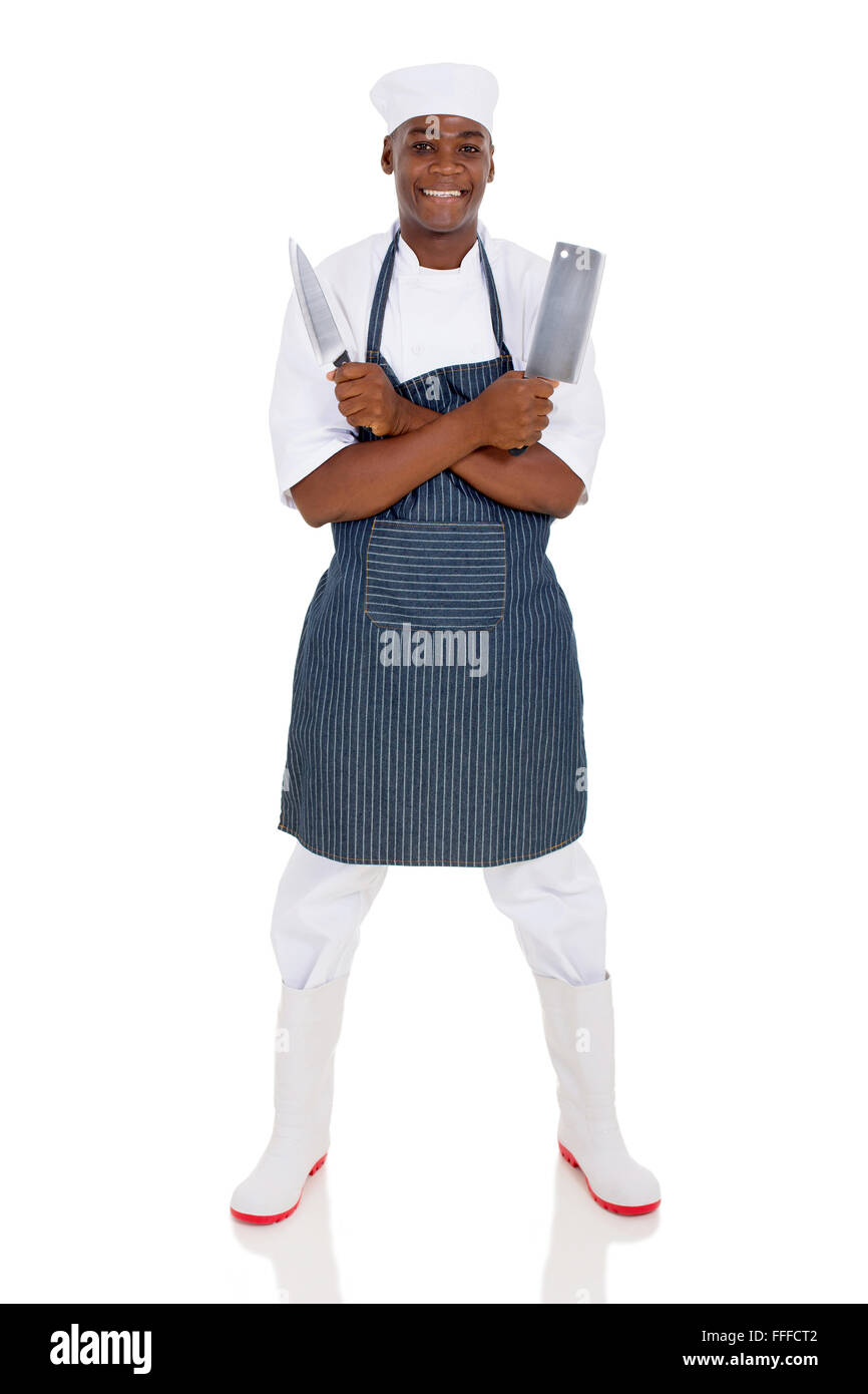 professional young African butcher holding knives on white background ...