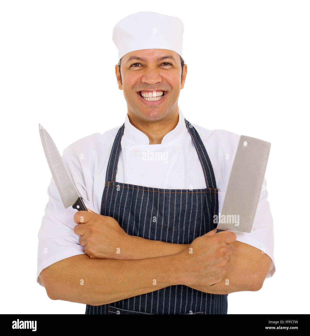 cheerful male chef with knives on white background Stock Photo - Alamy