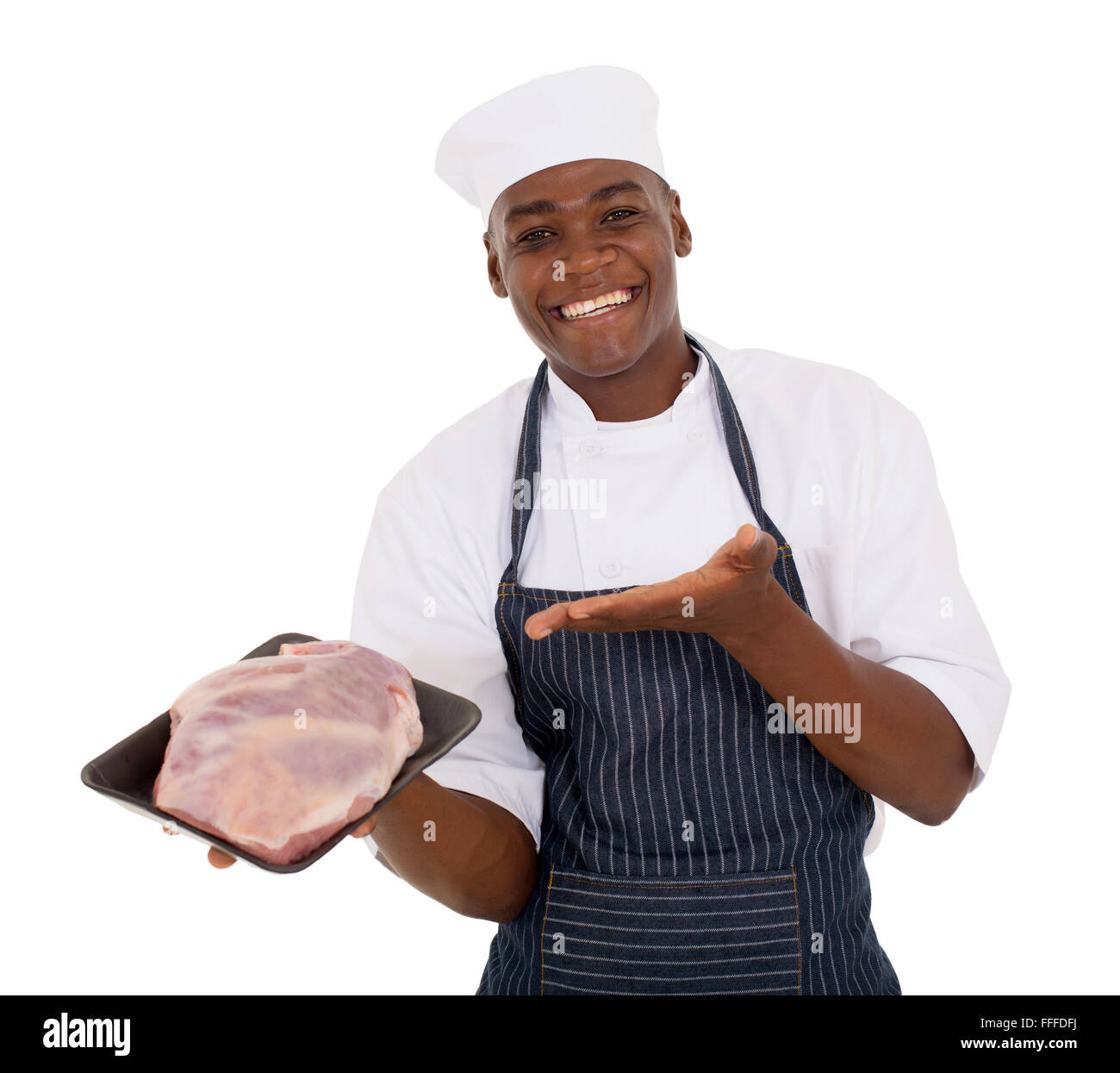 cheerful young African butcher presenting fresh meat Stock Photo - Alamy